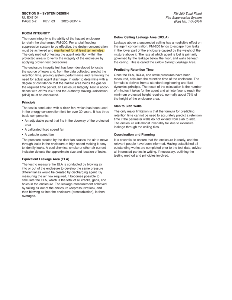 FM-200 Fire Suppression System: Room Integrity Testing