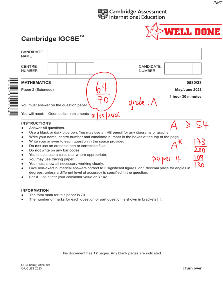 IGCSE Mathematics Paper 2 (Extended) - Exam
