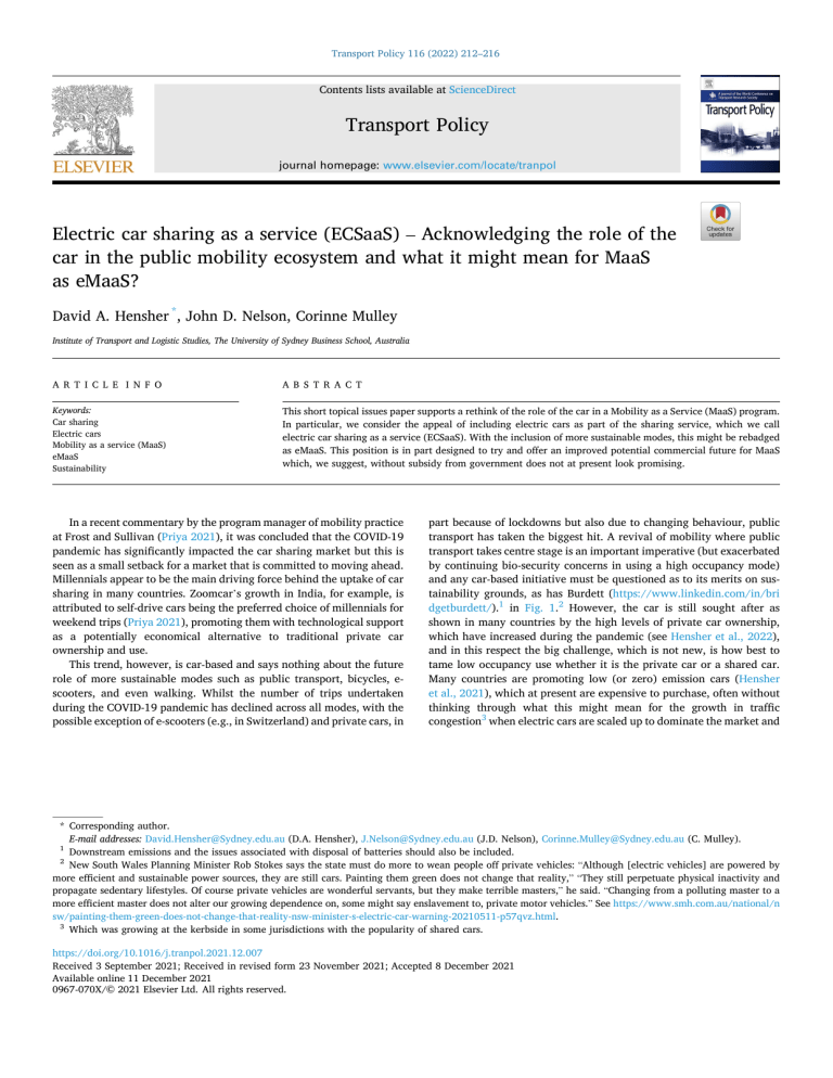 Electric Car Sharing & Mobility as a Service (MaaS)
