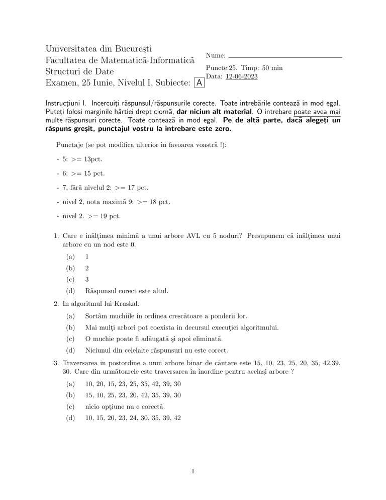 Examen Structuri de Date - Universitatea București