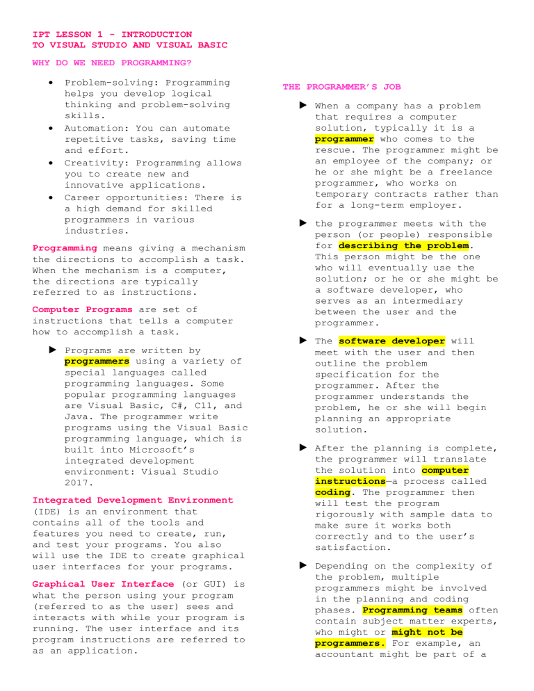 Intro to Visual Studio & Visual Basic Programming