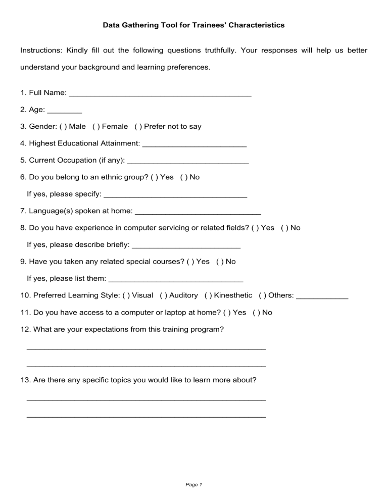Trainee Characteristics Data Gathering Questionnaire