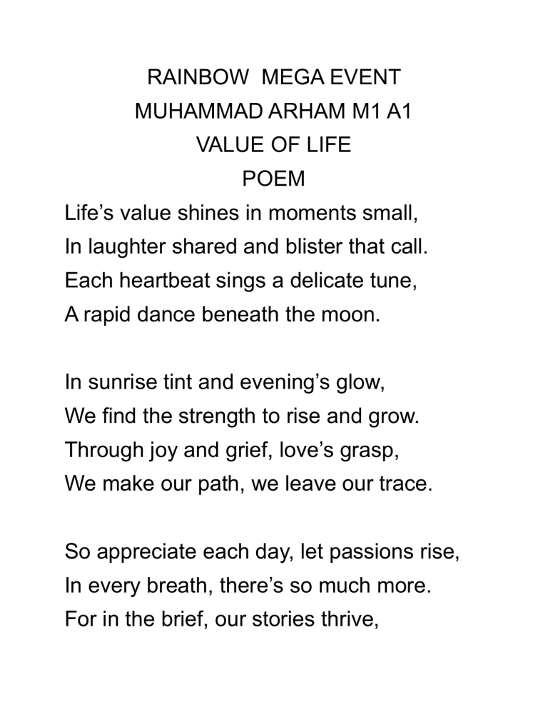 Value of Life Poem by Muhammad Arham | Rainbow Mega Event