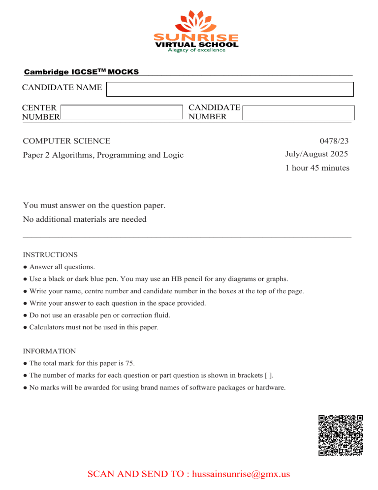 IGCSE Computer Science Paper 2: Algorithms & Logic