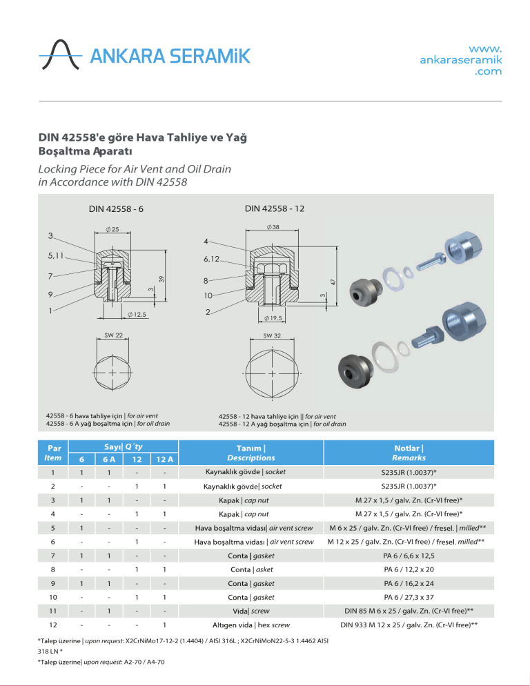 DIN 42558 Locking Piece: Air Vent & Oil Drain Parts List