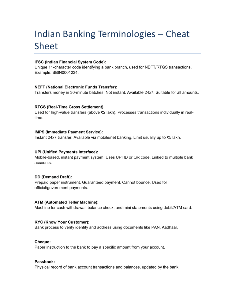 Indian Banking Terminology Cheat Sheet
