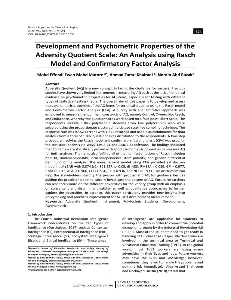 Adversity Quotient Scale: Psychometric Properties & Rasch/CFA Analysis