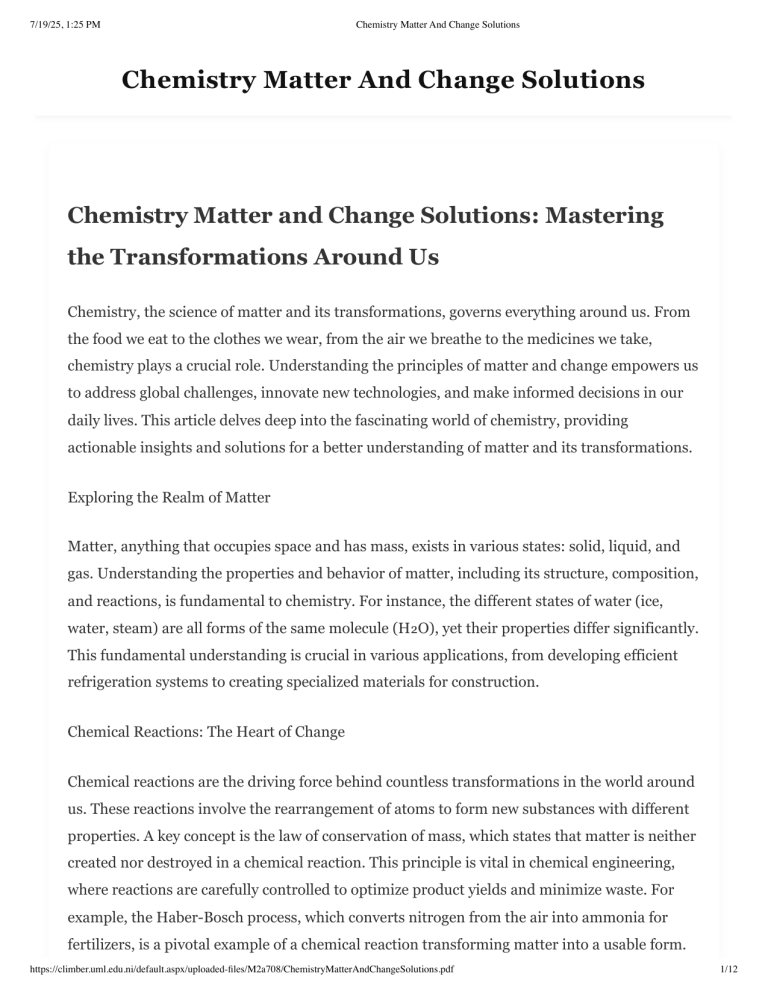 Chemistry Matter & Change Solutions: Mastering Transformations Around Us