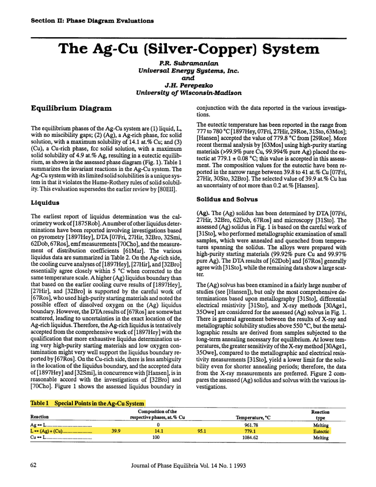 Ag-Cu (Silver-Copper) System Phase Diagram Evaluation