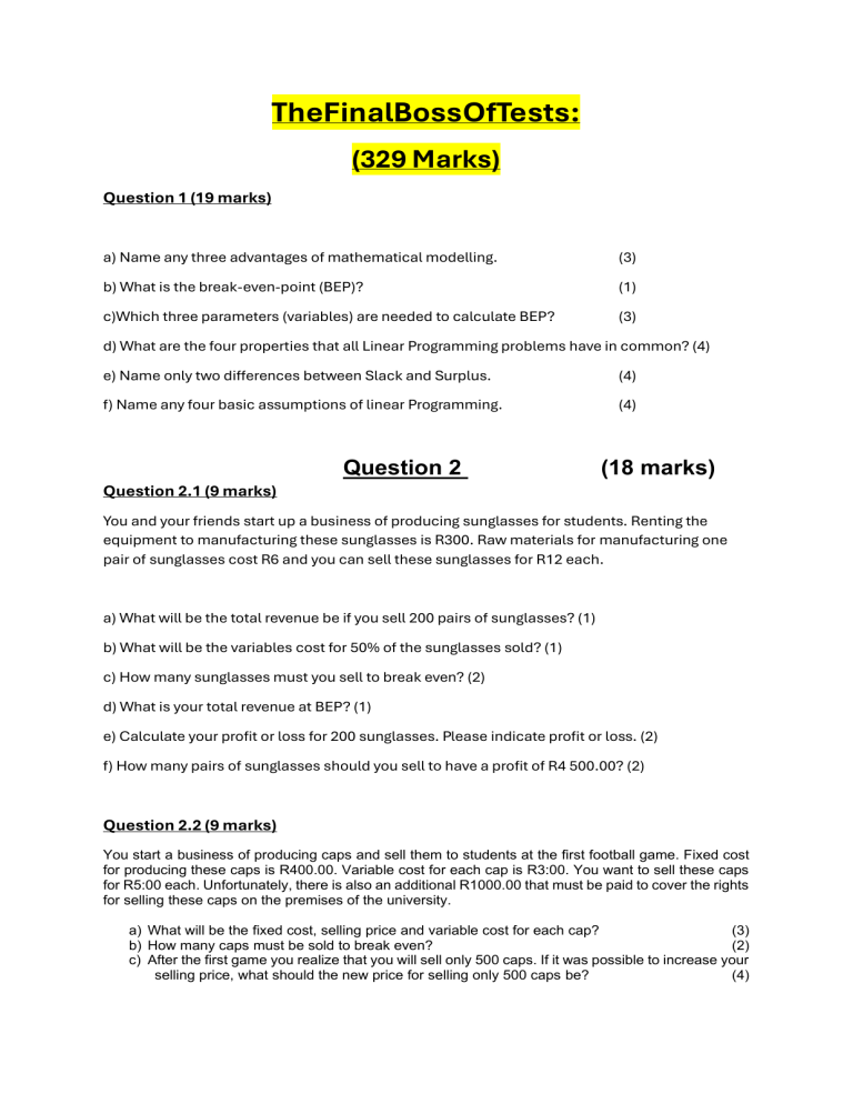 Operations Research Exam: Linear Programming & Optimization