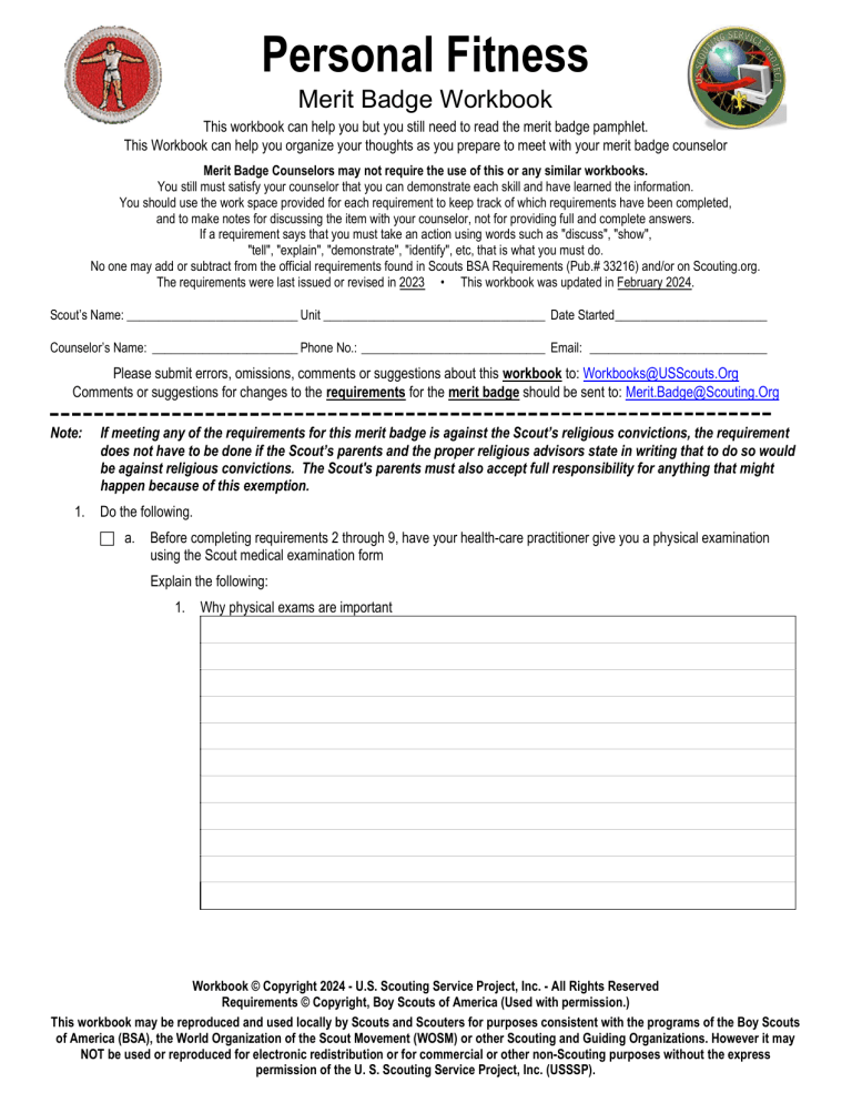 Personal Fitness Merit Badge Workbook for Scouts BSA