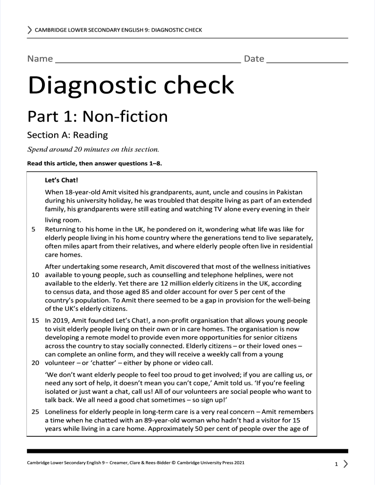 English 9 Diagnostic Check: Reading & Writing Assessment