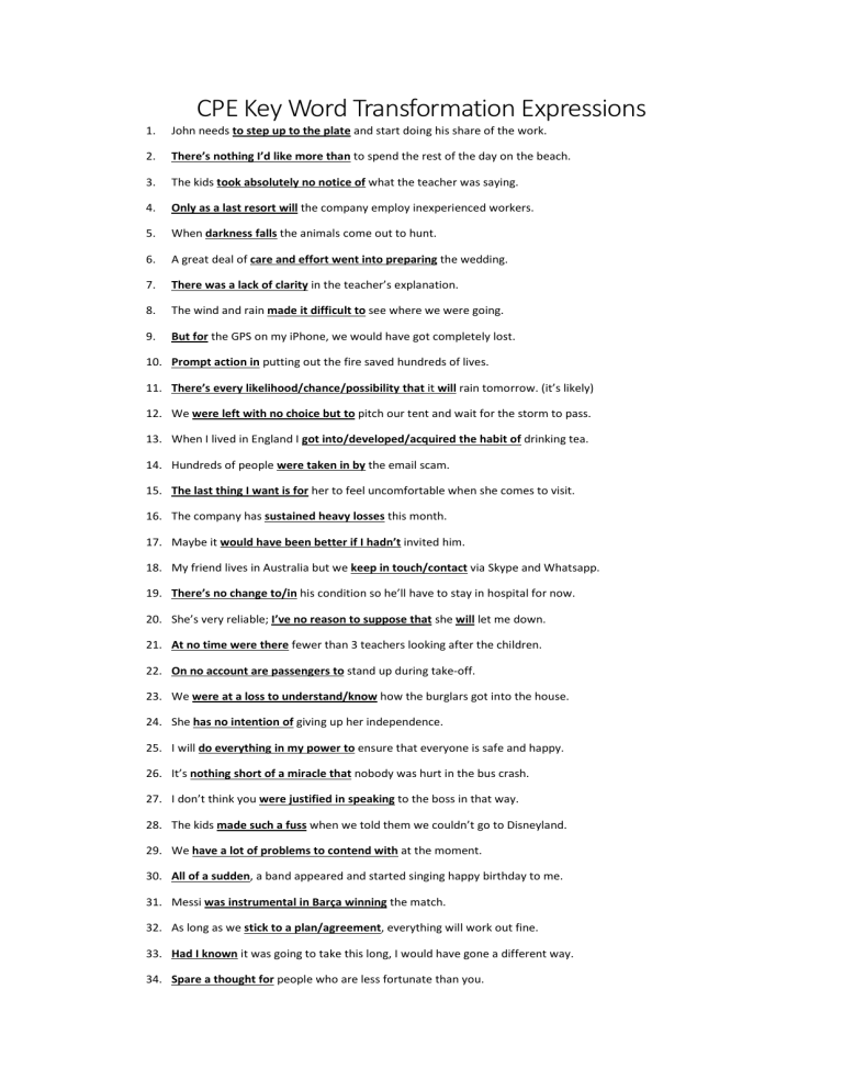 CPE Key Word Transformation Exercises