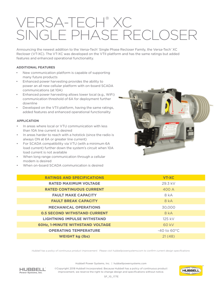 Versa-Tech XC Single Phase Recloser Datasheet