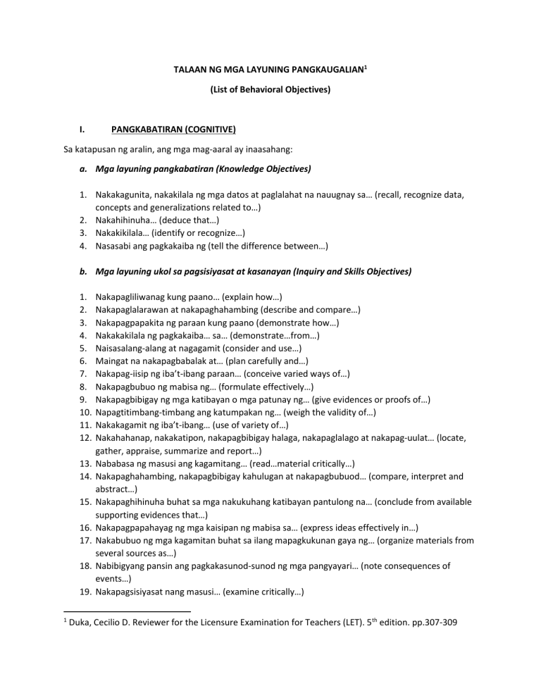 Behavioral Objectives: Cognitive, Affective, Psychomotor Domains