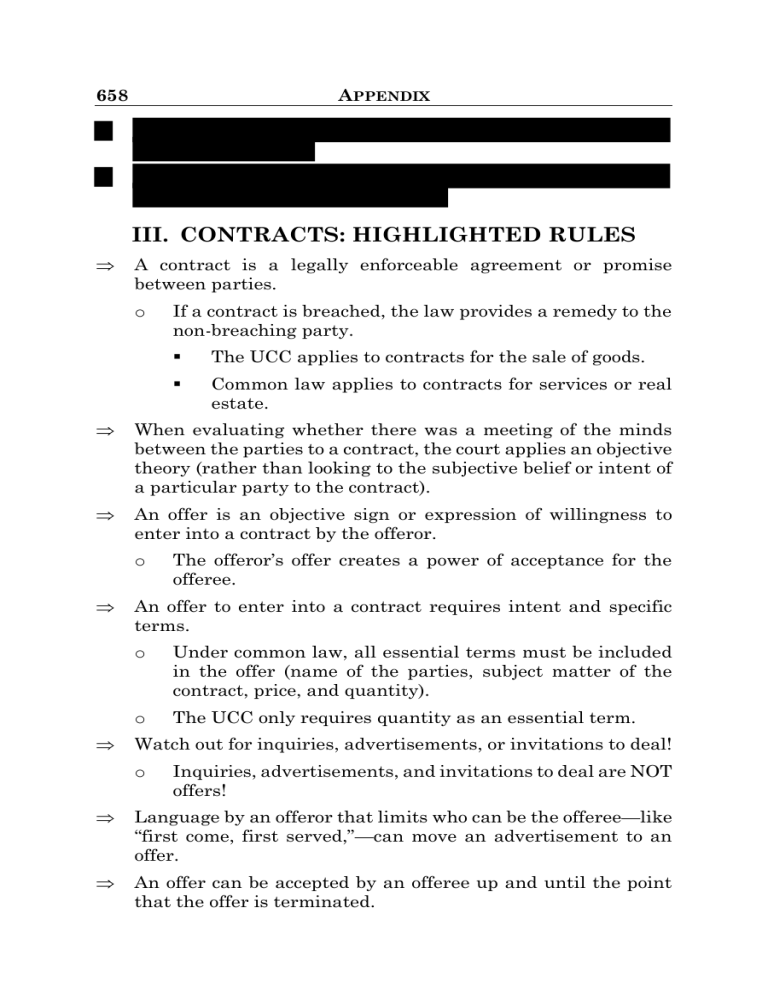 Contract Law: Highlighted Rules - UCC & Common Law Principles