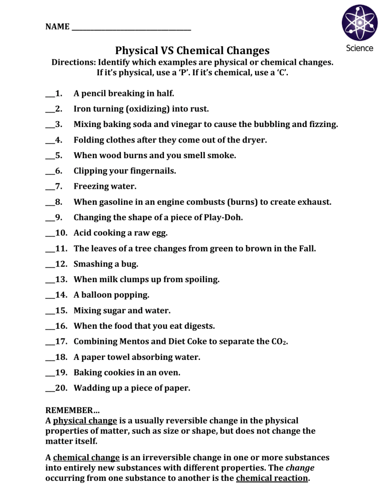 Physical vs Chemical Changes Worksheet