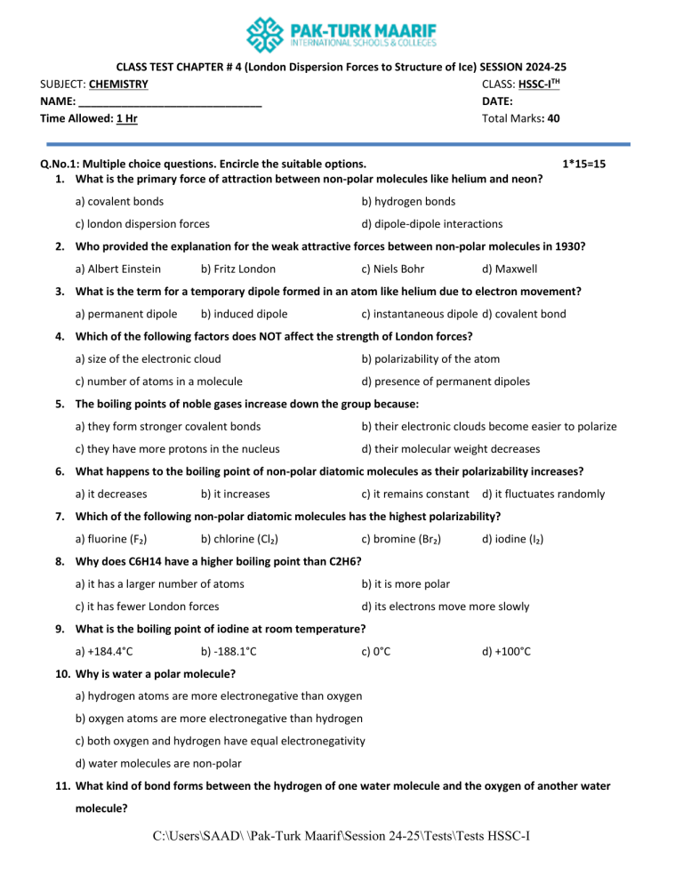 Chemistry Test: London Dispersion Forces & Ice Structure (HSSC-I)