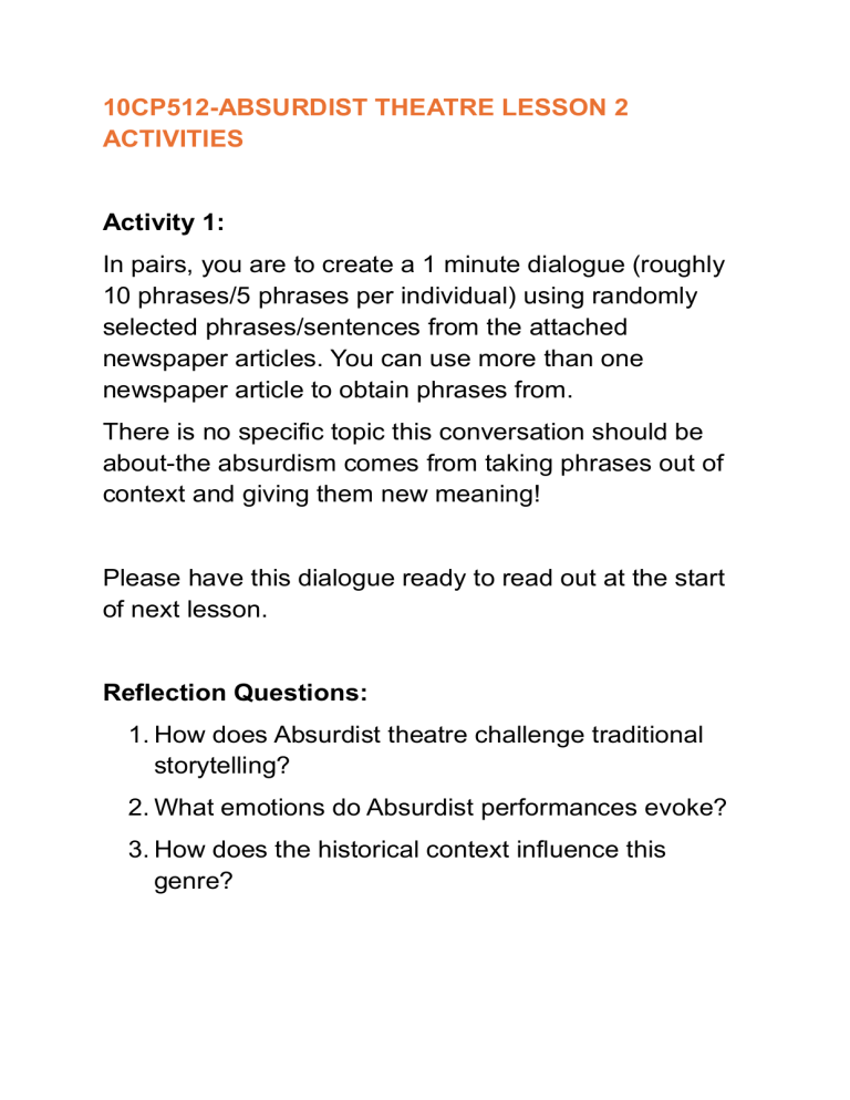 Absurdist Theatre Lesson 2: Dialogue Activity & Reflection Questions