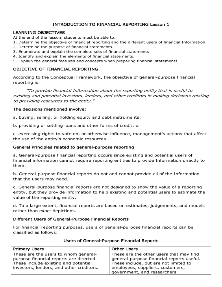 Financial Reporting: Objectives, Users, & Statements