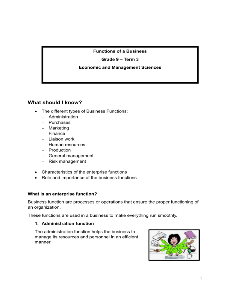 Business Functions Worksheet: Grade 9 EMS