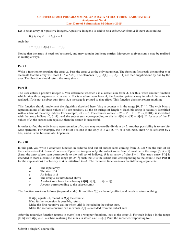 Subset Sum Problem: Programming & Data Structures Lab Assignment