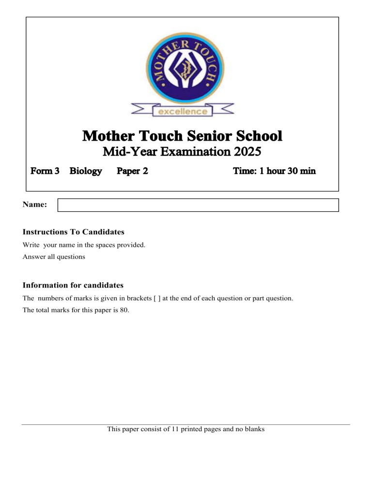 Biology Exam Paper: Form 3 - Digestive System, Blood, Reproduction