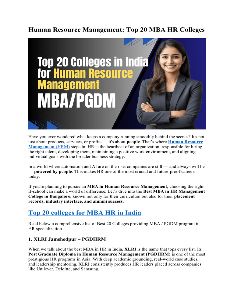 Top 20 MBA HR Colleges in India | Human Resource Management