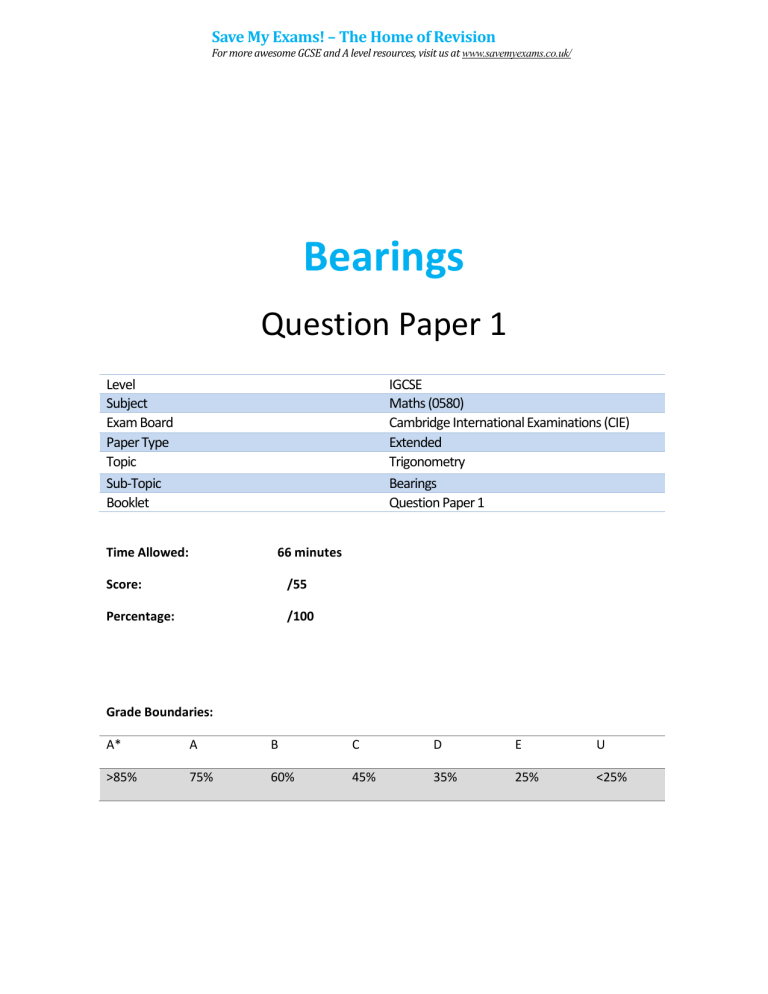 IGCSE Maths Bearings Question Paper 1 - Trigonometry Exam Practice