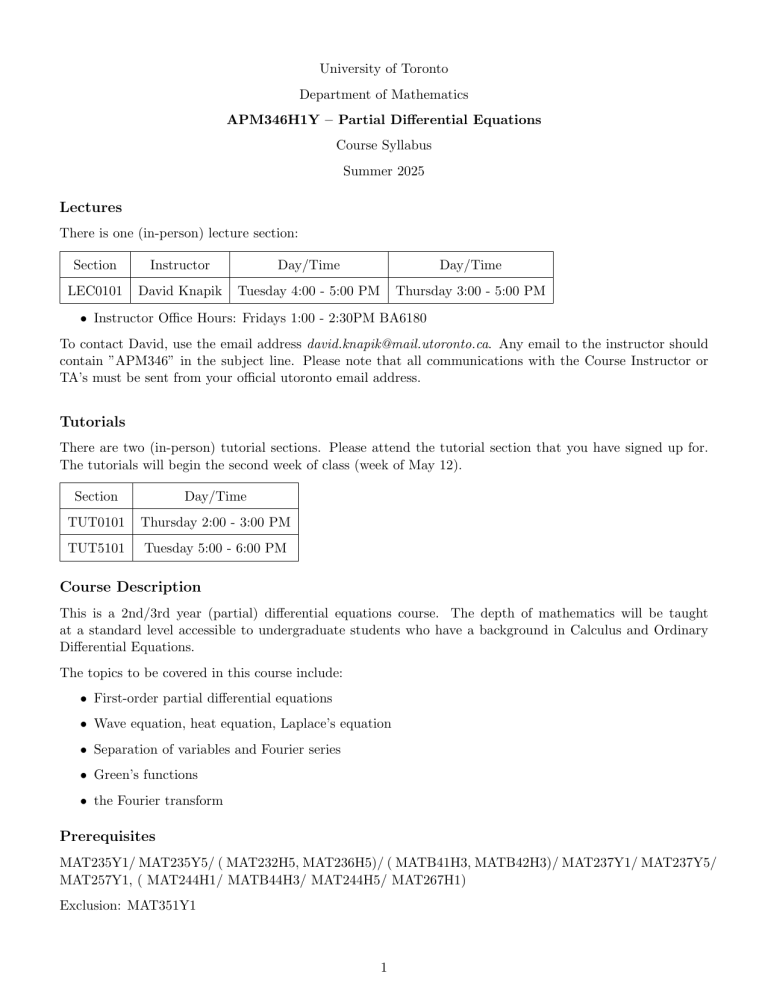 APM346H1Y Partial Differential Equations Course Syllabus
