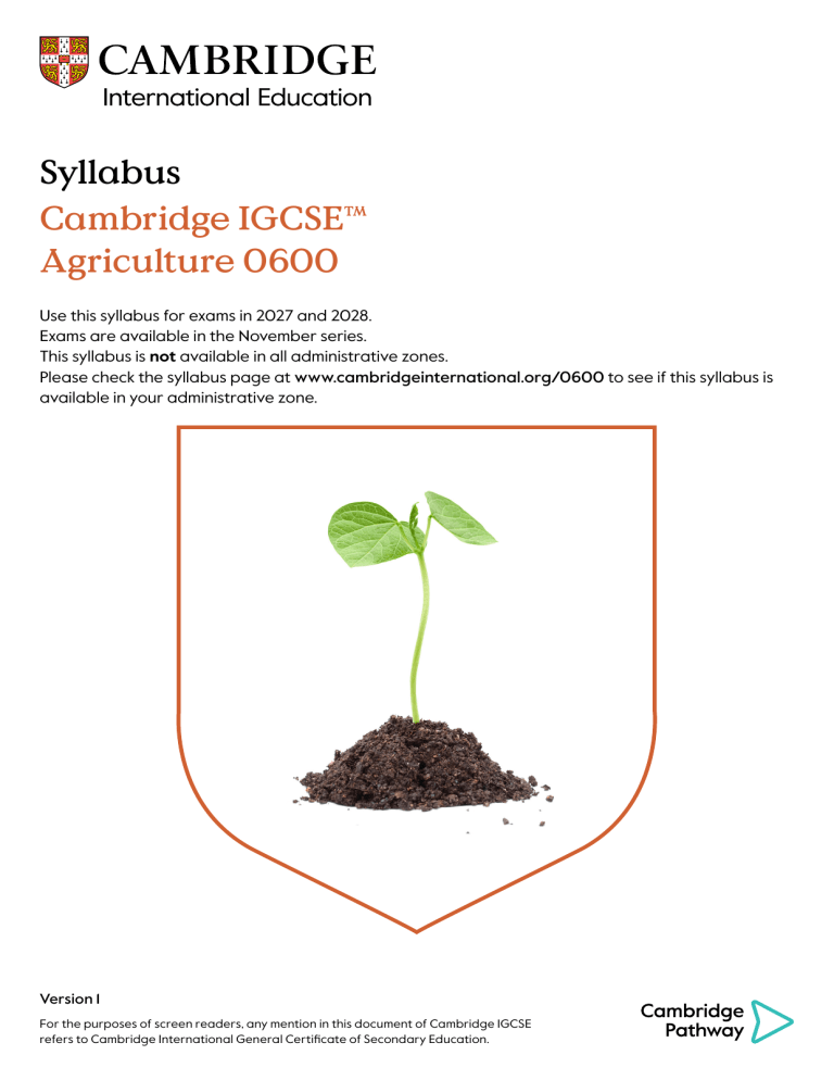 Cambridge IGCSE Agriculture 0600 Syllabus 2027-2028