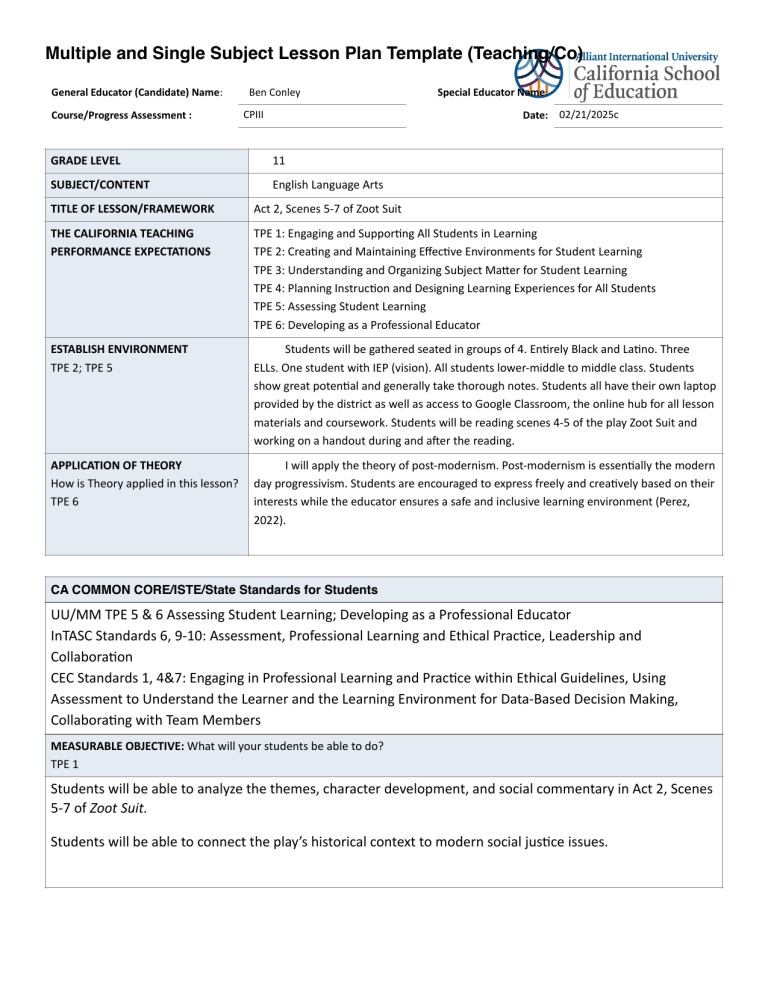 Zoot Suit Lesson Plan: Act 2, Scenes 5-7 (Grade 11)