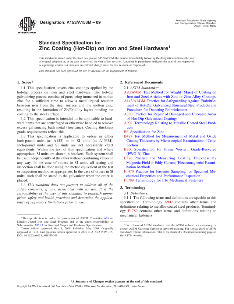 Zinc Coating Standard Specification (A153/A153M)
