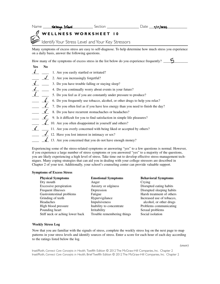 Wellness Worksheet: Identify Your Stress Level & Key Stressors