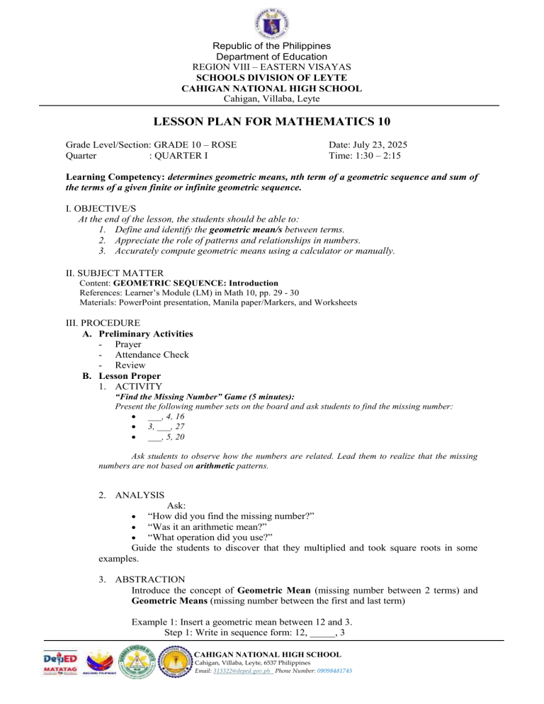 Geometric Sequences: Lesson Plan for Math 10