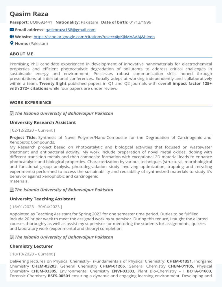 Qasim Raza - Chemistry PhD Candidate CV/Resume