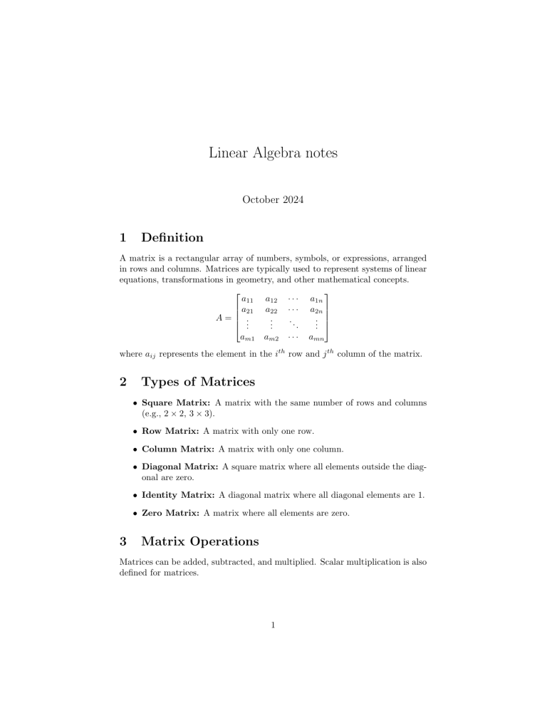 Linear Algebra Notes: Matrices, Operations, and Equations