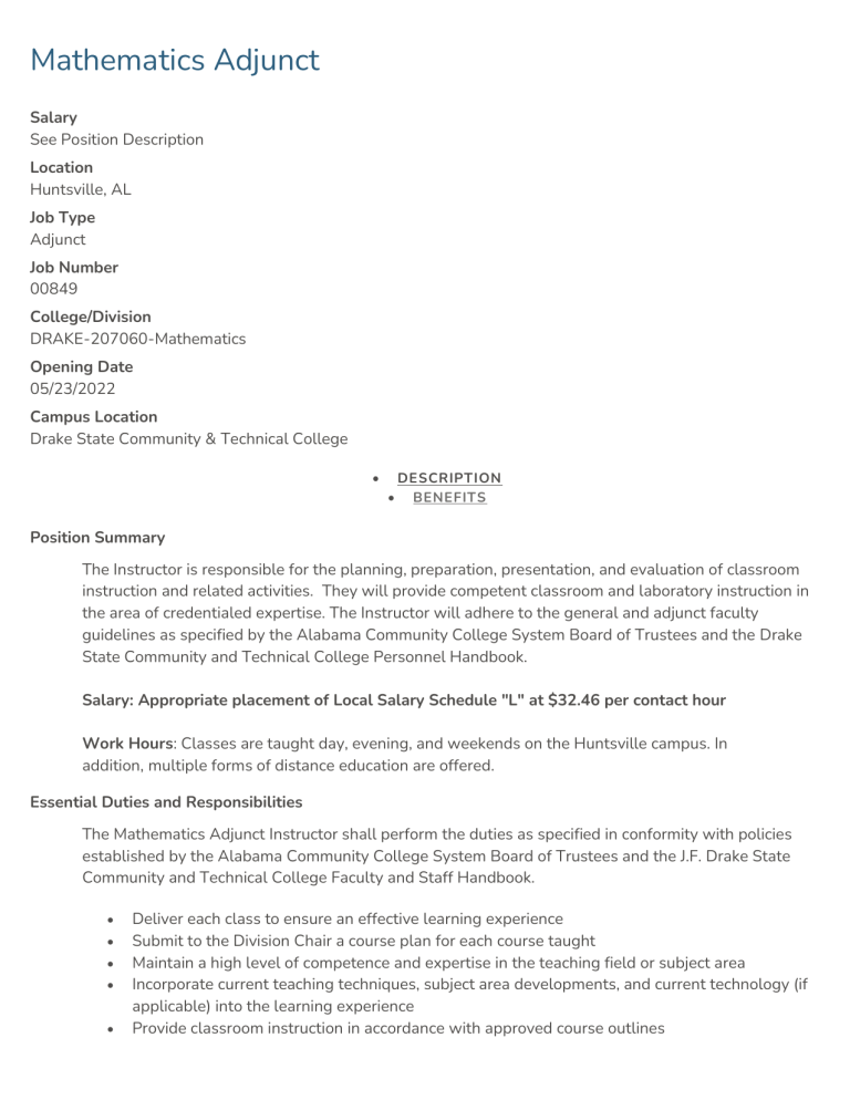 Mathematics Adjunct Instructor Job Description - Huntsville, AL