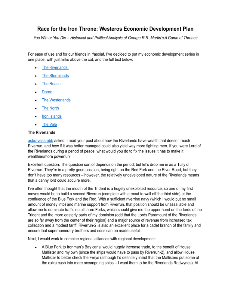 Westeros Economic Development Plan: Game of Thrones Analysis
