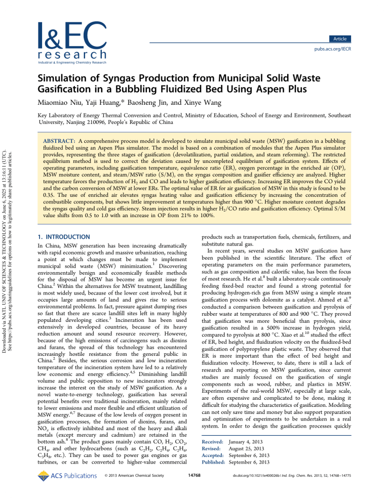 Syngas Production from MSW Gasification: Aspen Plus Simulation