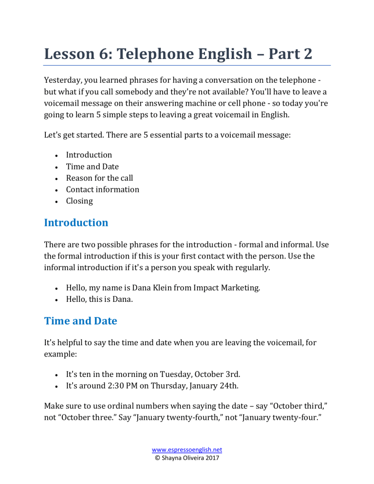 Telephone English: Leaving Voicemail Messages - Lesson 6