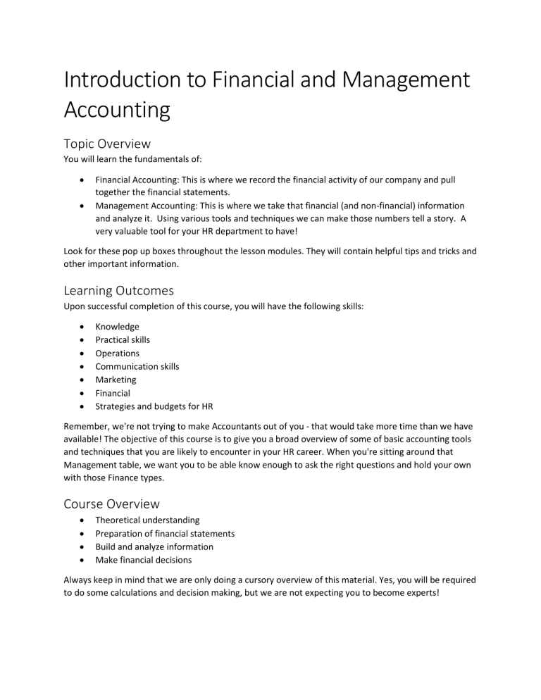 Financial & Management Accounting Intro for HR Professionals
