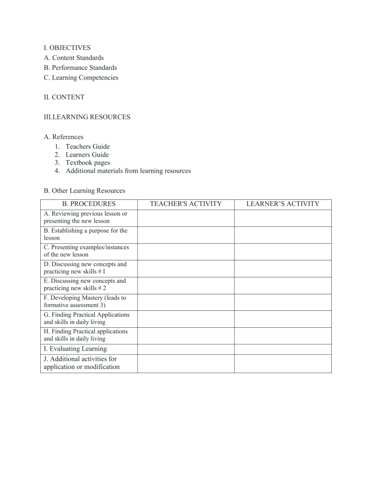 Lesson Plan Template: Objectives, Activities, Reflection