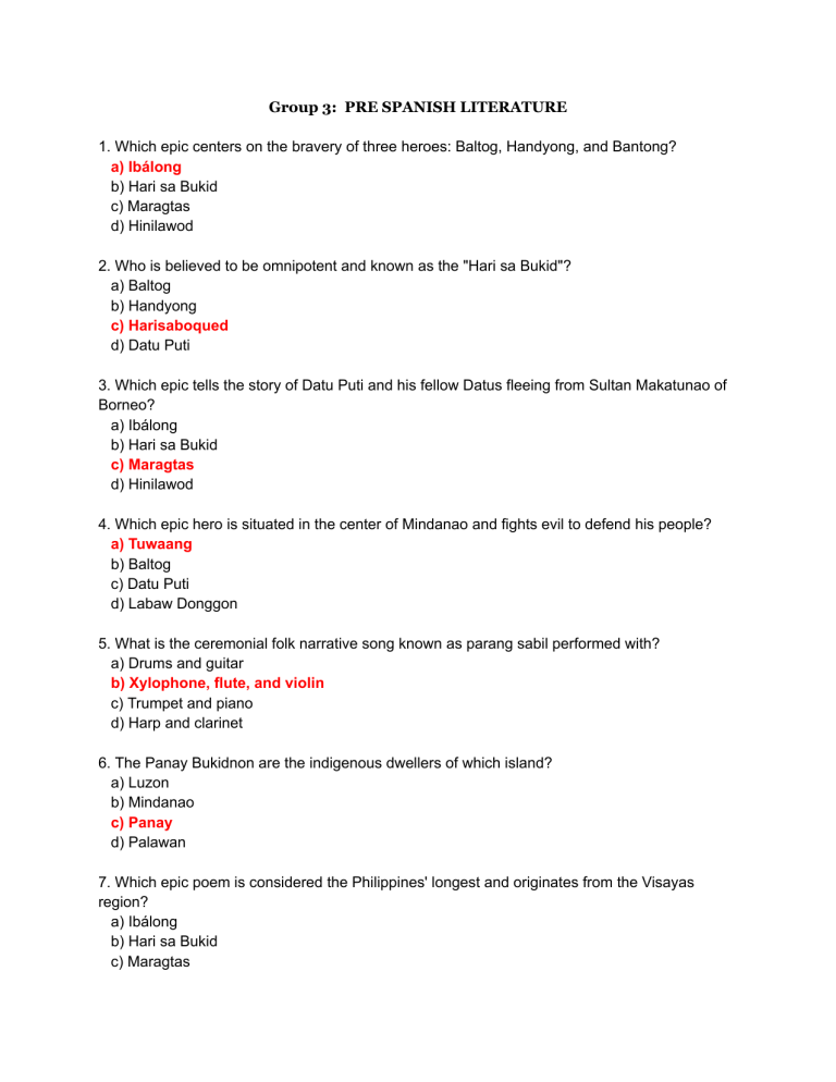 Pre-Spanish Philippine Literature Quiz