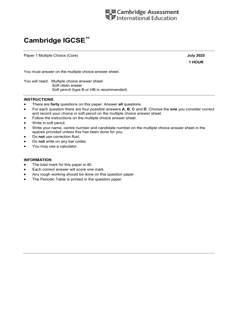 Igcse Combined Science Exam Paper Core