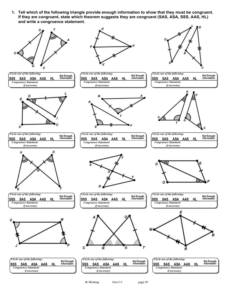 Triangle Congruence Theorems Worksheet (Geometry)