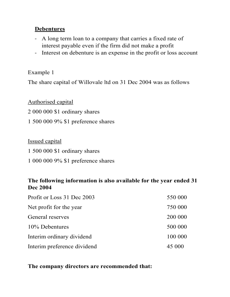 Debentures & Financial Statements: Profit/Loss & Balance Sheet Examples