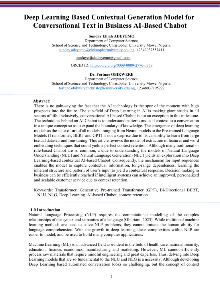 Deep Learning Chatbot Context Generation in Business