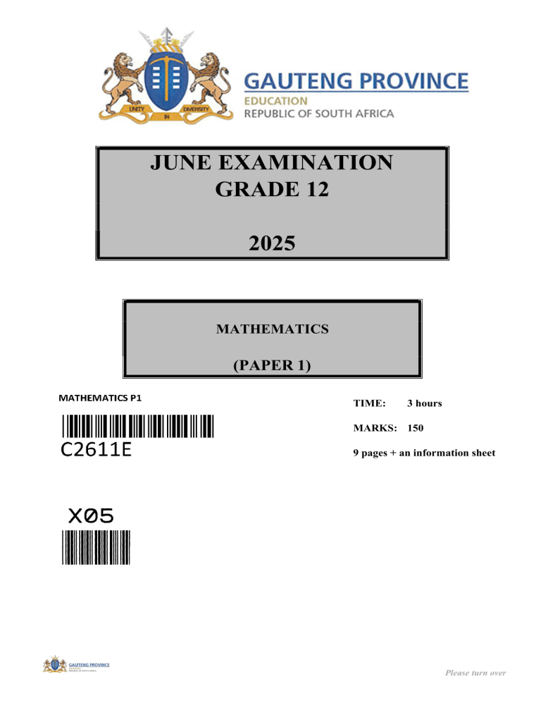Grade 12 Mathematics Paper 1 June Exam 2025 - Gauteng Province