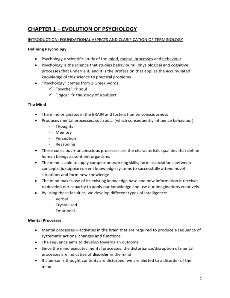 Evolution of Psychology: Lecture Notes
